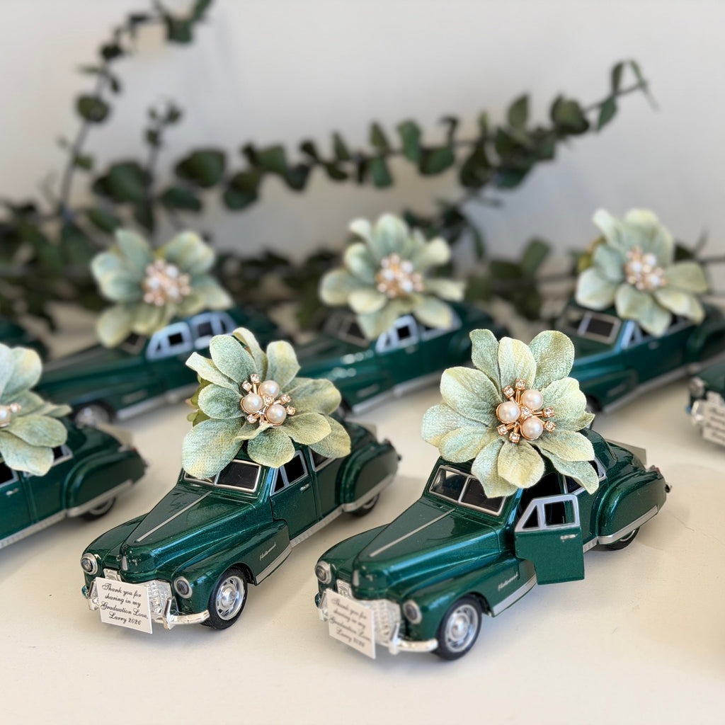 Vintage Elegance Car Wedding Favors, Emerald Green Personalized Guest ...