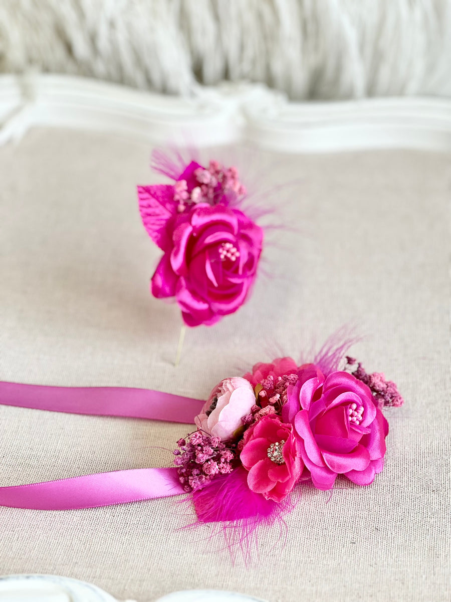 Hot Pink Feather Corsage and Boutonniere Set, Wedding Prom, Prom Party ...